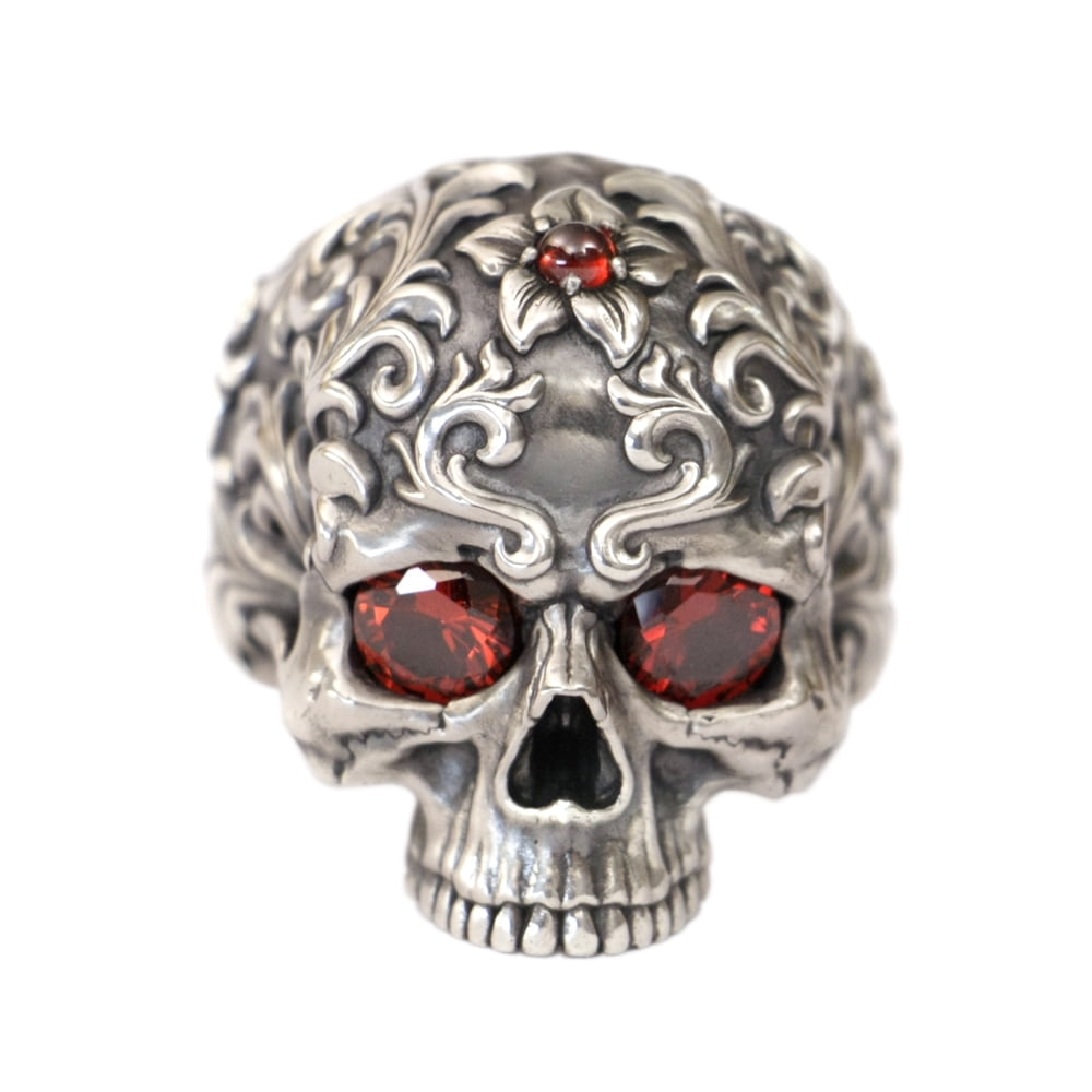Red CZ Eyes 925 Sterling Silver Tang Dynasty Engraving Pattern Skull ...