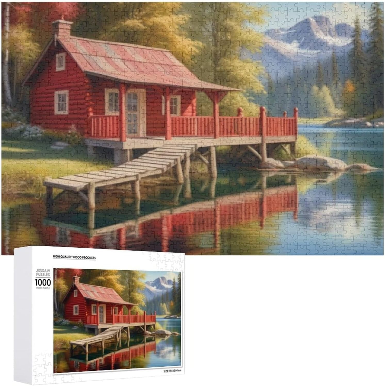 Red Cabin Puzzle 1000 Piece Jigsaw Puzzle Illustration of Lake House,30 ...