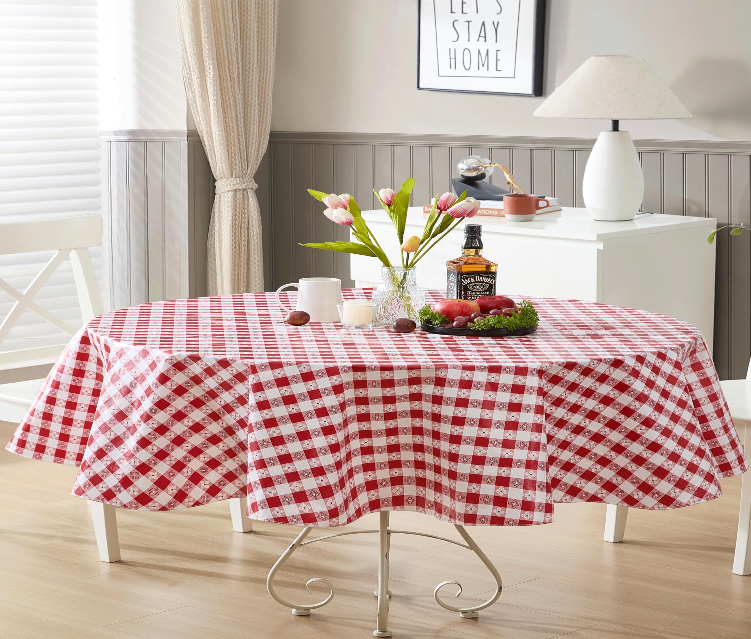 Red Café Bistro Tavern Check 60 x 84 Inch Oval Vinyl Dining Tablecloth ...