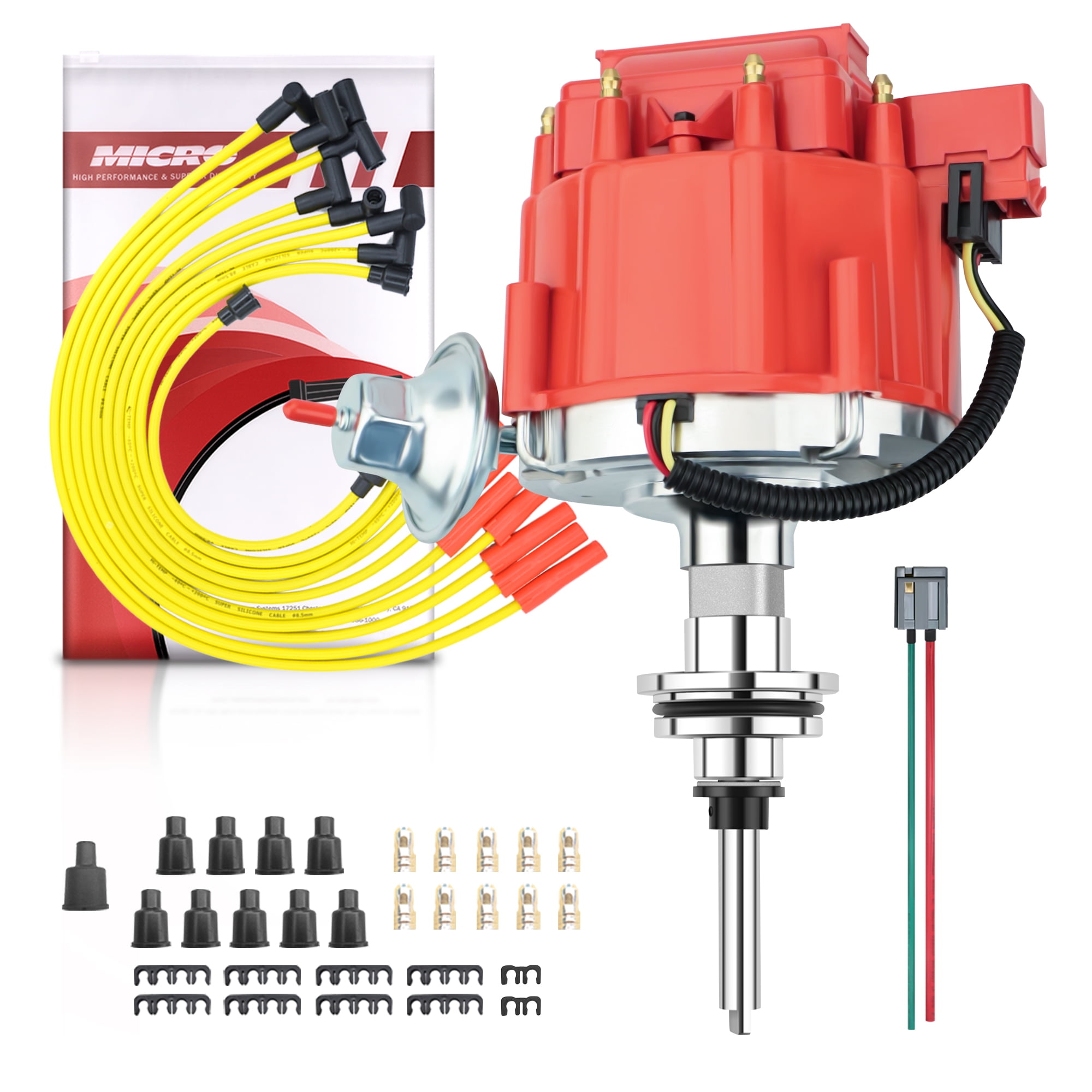 Red Cap Performance HEI Distributor Spark Plug Wires Free Pig Tail Kit ...