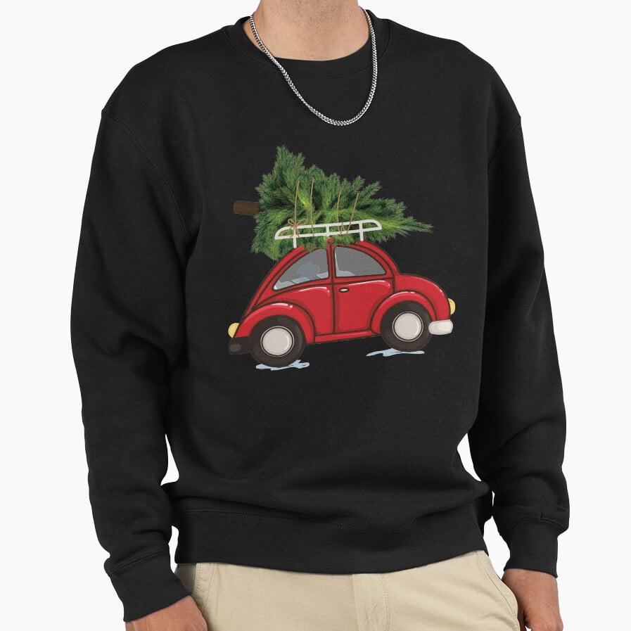 Red Car Christmas Tree On Roof Schnauzer Dog Funny Retro Graphic Art ...