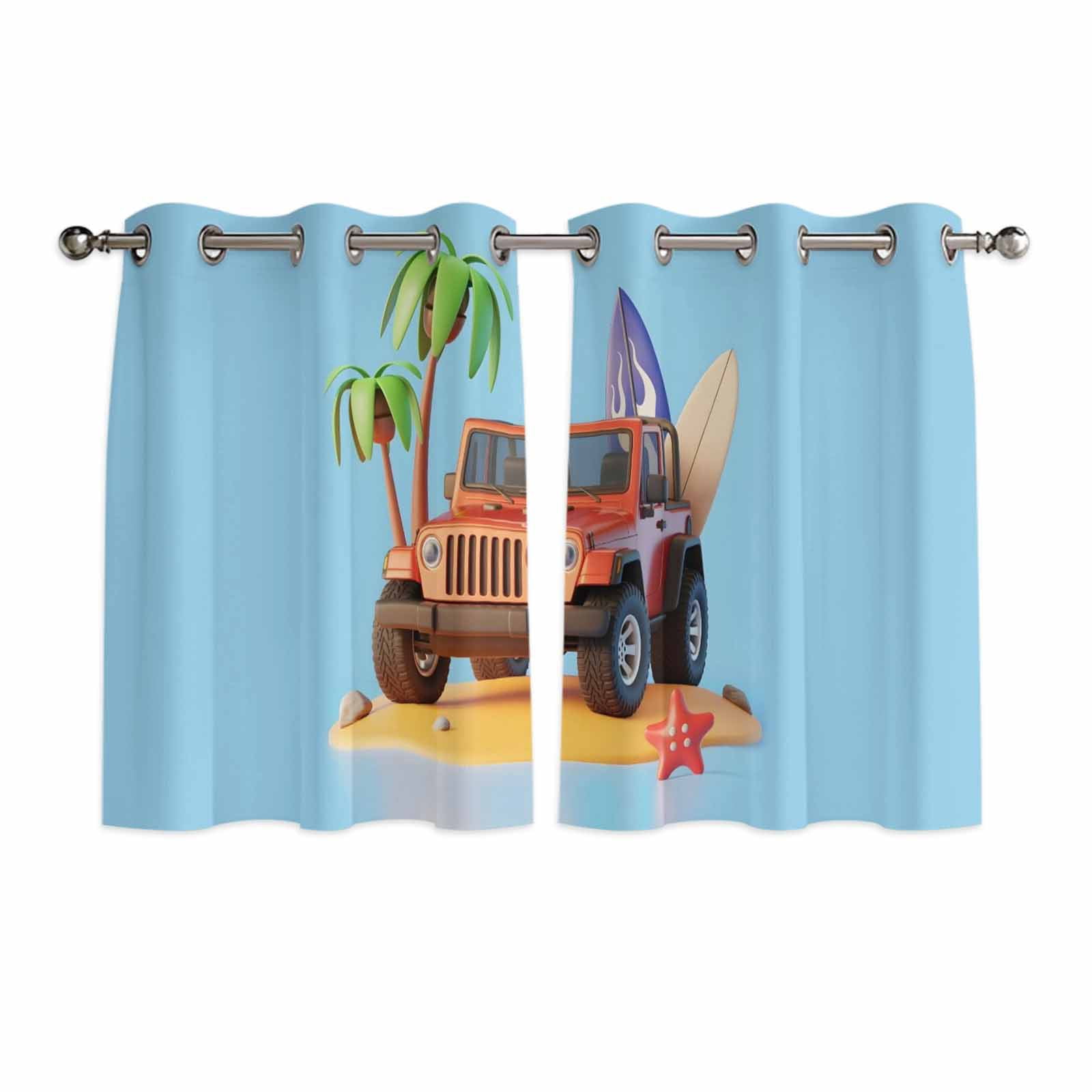 Red Car Kitchen Curtains Window Panels, Cartoon Funny Summer Palm Tree ...