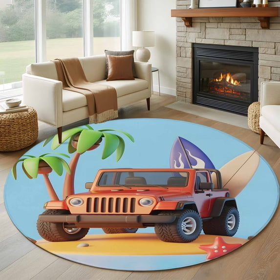 Red Car Round Rug 6ft Washable Circle Kitchen Rugs Non Slip Cartoon ...