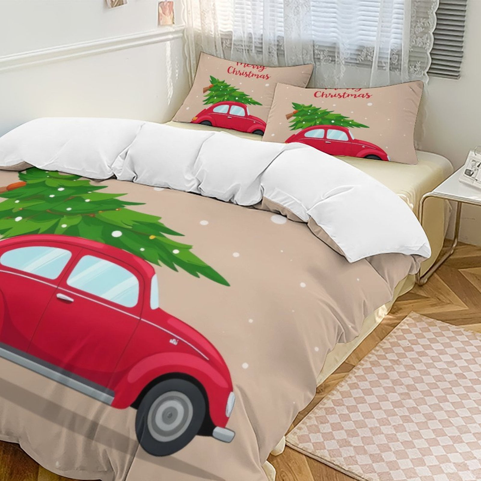 Red Car with Christmas Tree Bedding Set Couple Bedclothes Pillowcase ...