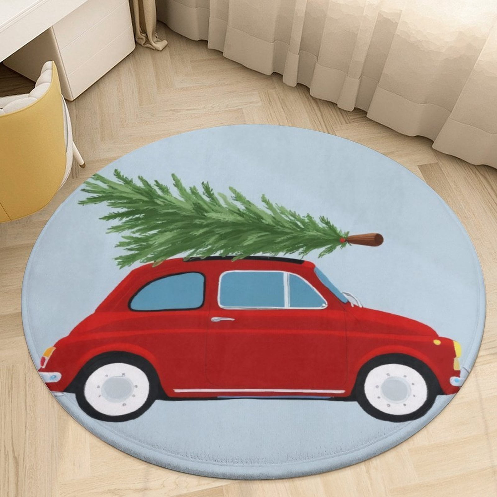 Red Car with Christmas Tree Round Area Rugs for Bedroom Living Room ...