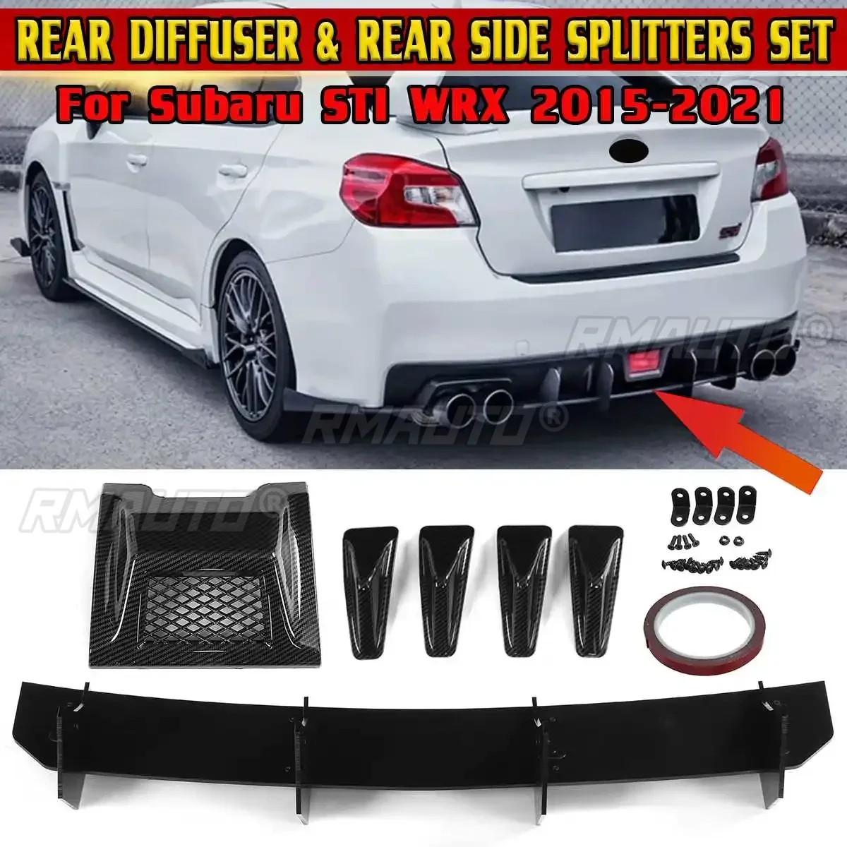 Red/Carbon Fiber Look Car Rear Bumper Diffuser Lip Spoiler Side Lip Shark Fins Lamp Cover For ...