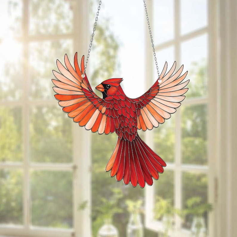 Red Cardinal Bird Acrylic Ornament, Colorful Flying Bird Window Hanging ...