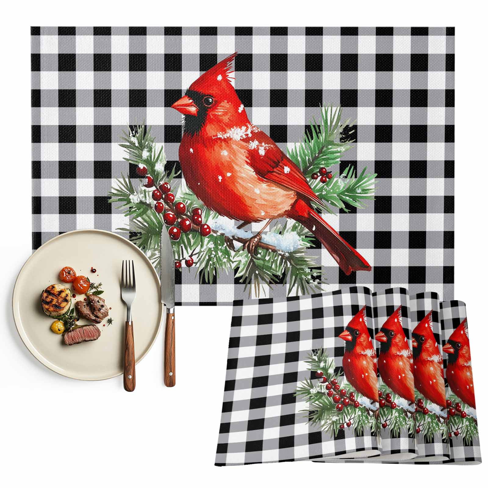 Red Cardinal Bird Christmas Placemats Set of 6, Holly Berry Black ...