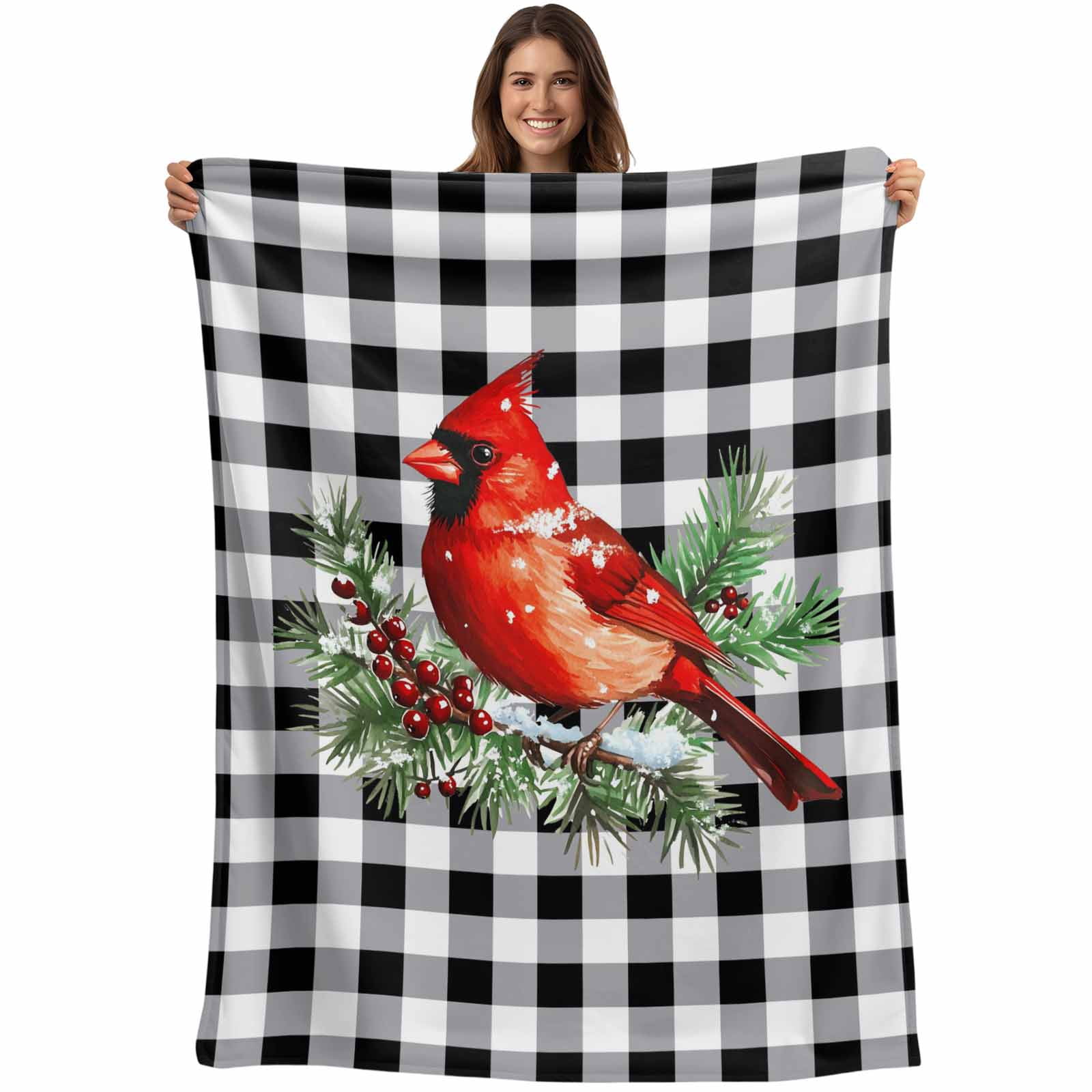 Red Cardinal Bird Christmas Throw Blankets, Holly Berry Black Buffalo ...