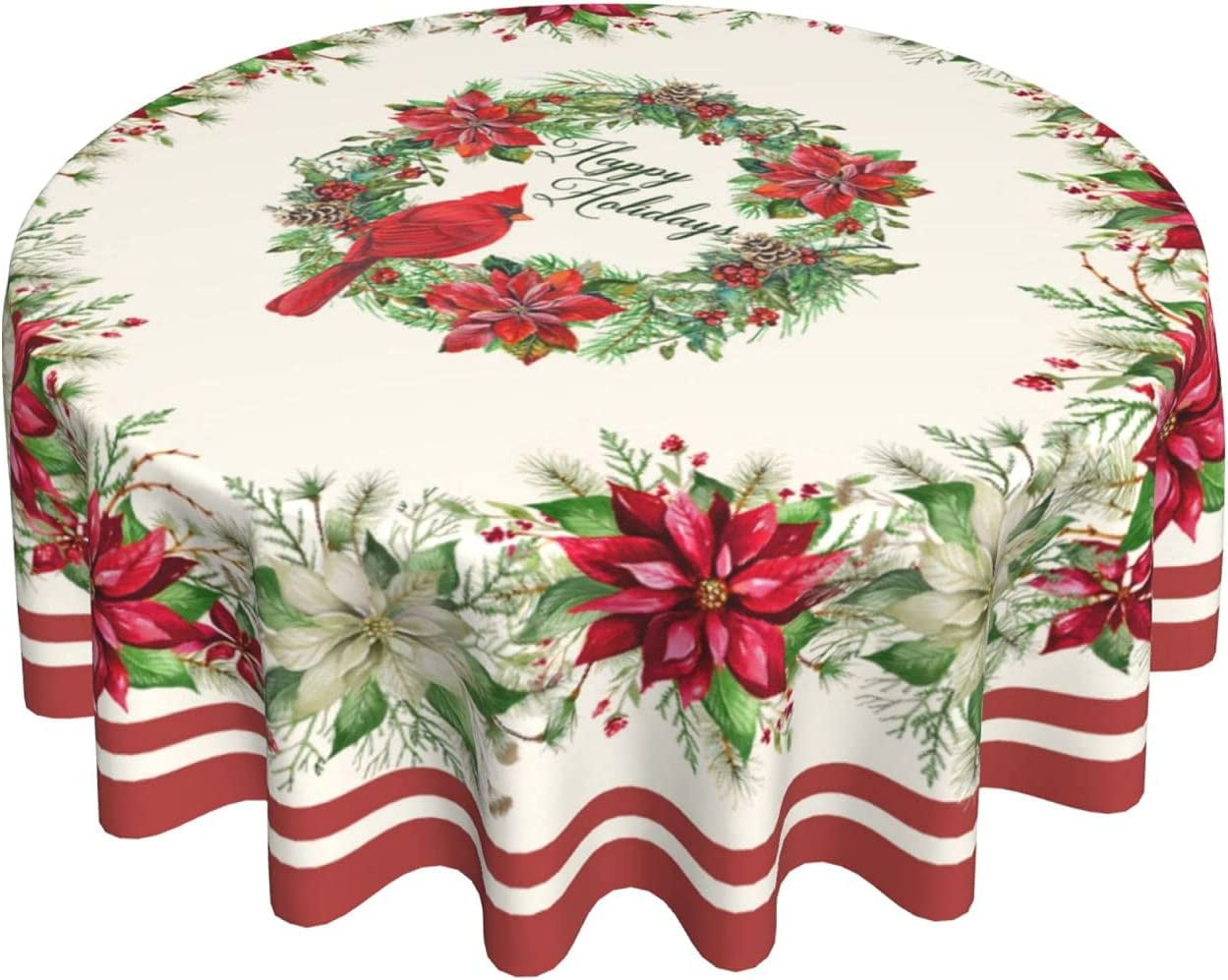 Red Cardinal Bird Tablecloth Round 60 inch Red White Floral Tableccloth ...