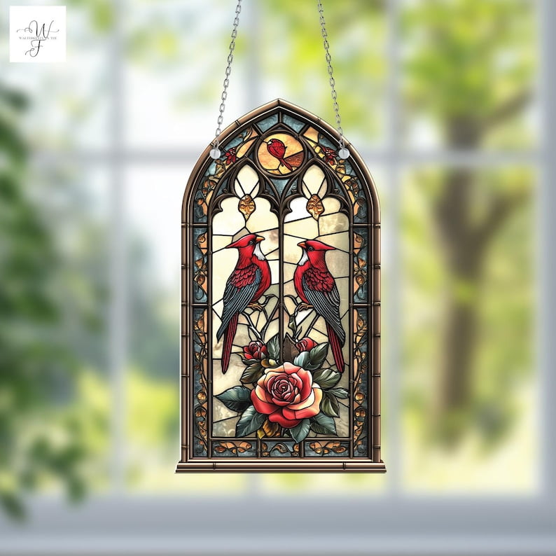 Red Cardinal Birds Acrylic Window Hanging, Floral Suncatcher, Boho ...
