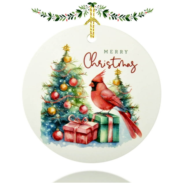 Red Cardinal Christmas Ornaments, Round Ceramic Christmas Tree Hanging ...