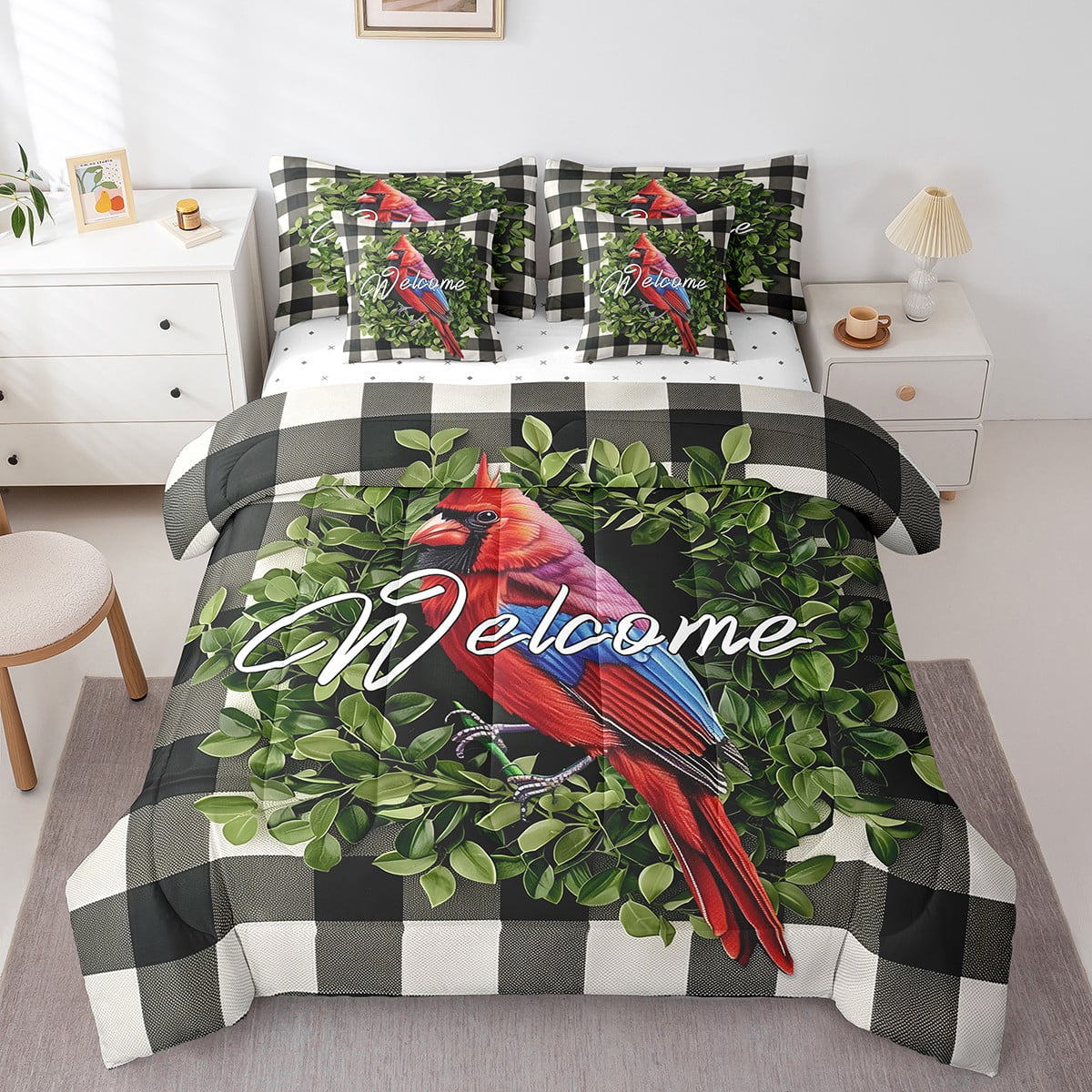 Red Cardinal Comforter Garden Botanical Plant Bedding Set 7 Piece Bed ...