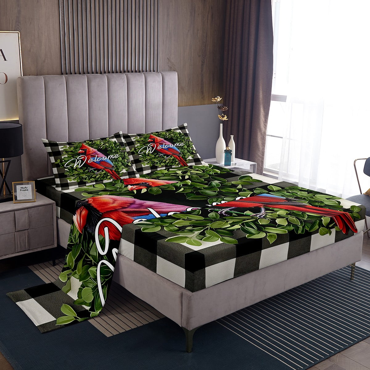 Red Cardinal Fitted Sheet Garden Botanical Plant Sheet Set Full Rustic ...