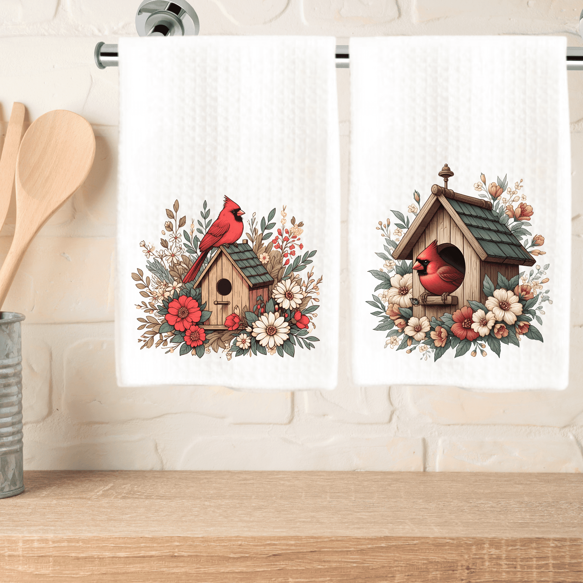 Red Cardinal Floral Birdhouse Dish Towel Set of 2 Waffle Weave 16x24 ...