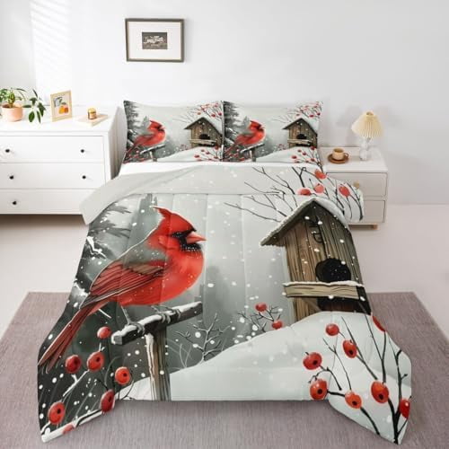 Red Cardinal Girls Comforter Set King Size Merry Christmas Bedding Set ...
