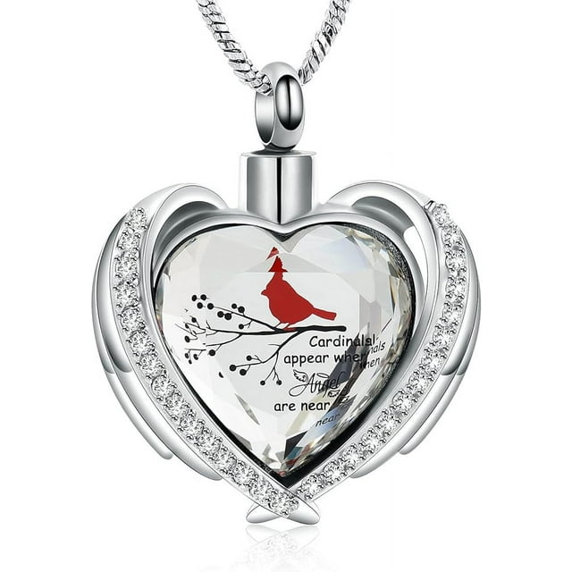 Red Cardinal Urn Ashes Necklace for Women Men Angel Wing Crystal Heart ...