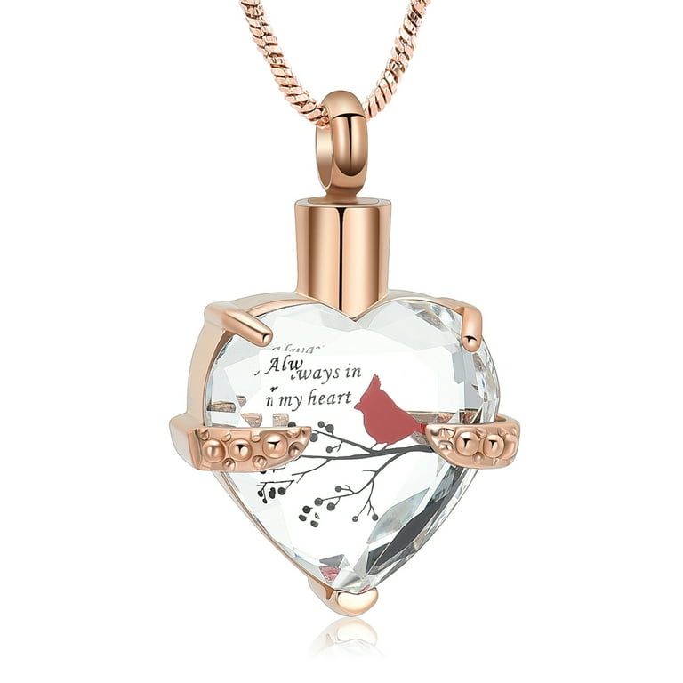 Red Cardinal Urn Necklace for Ashes Keepsake Memorial Crystal Heart Urn Locket for Human Pet Cremation Jewelry