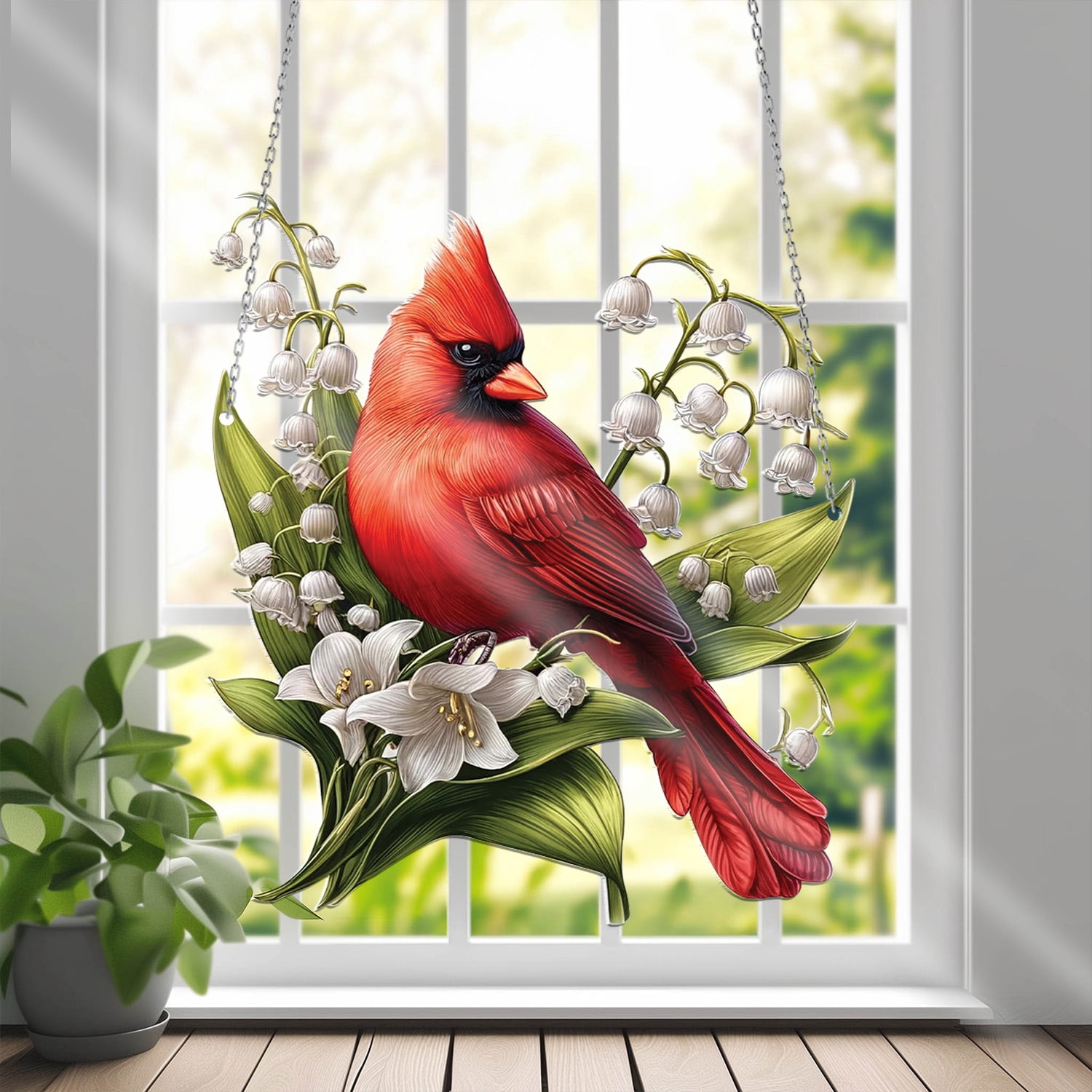 Red Cardinal and Lily Flower Acrylic Window Hanging - Unique Window ...
