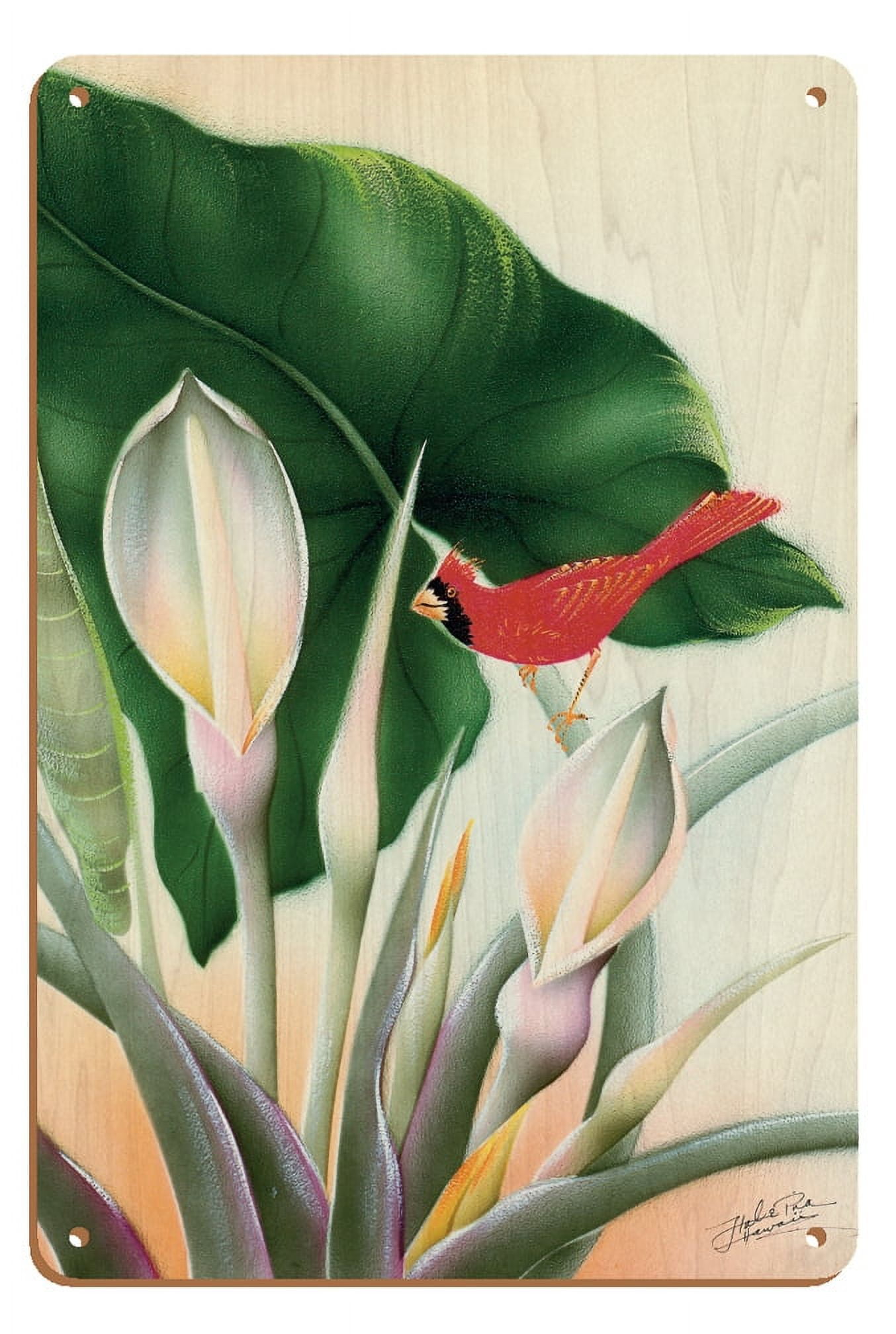Red Cardinal and White Calla Lily Flowers - Vintage Hawaiian Airbrush ...