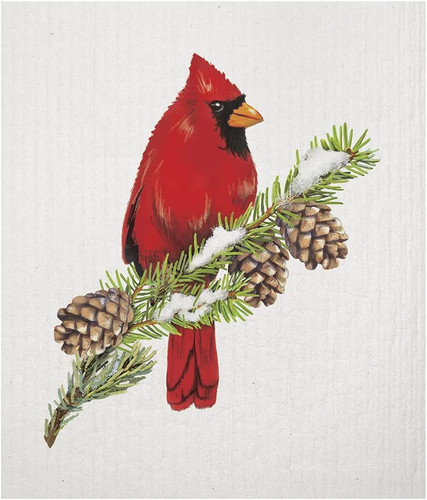 Red Cardinal on Pine Branch Sponge Cloth, Eco-friendly, Machine ...