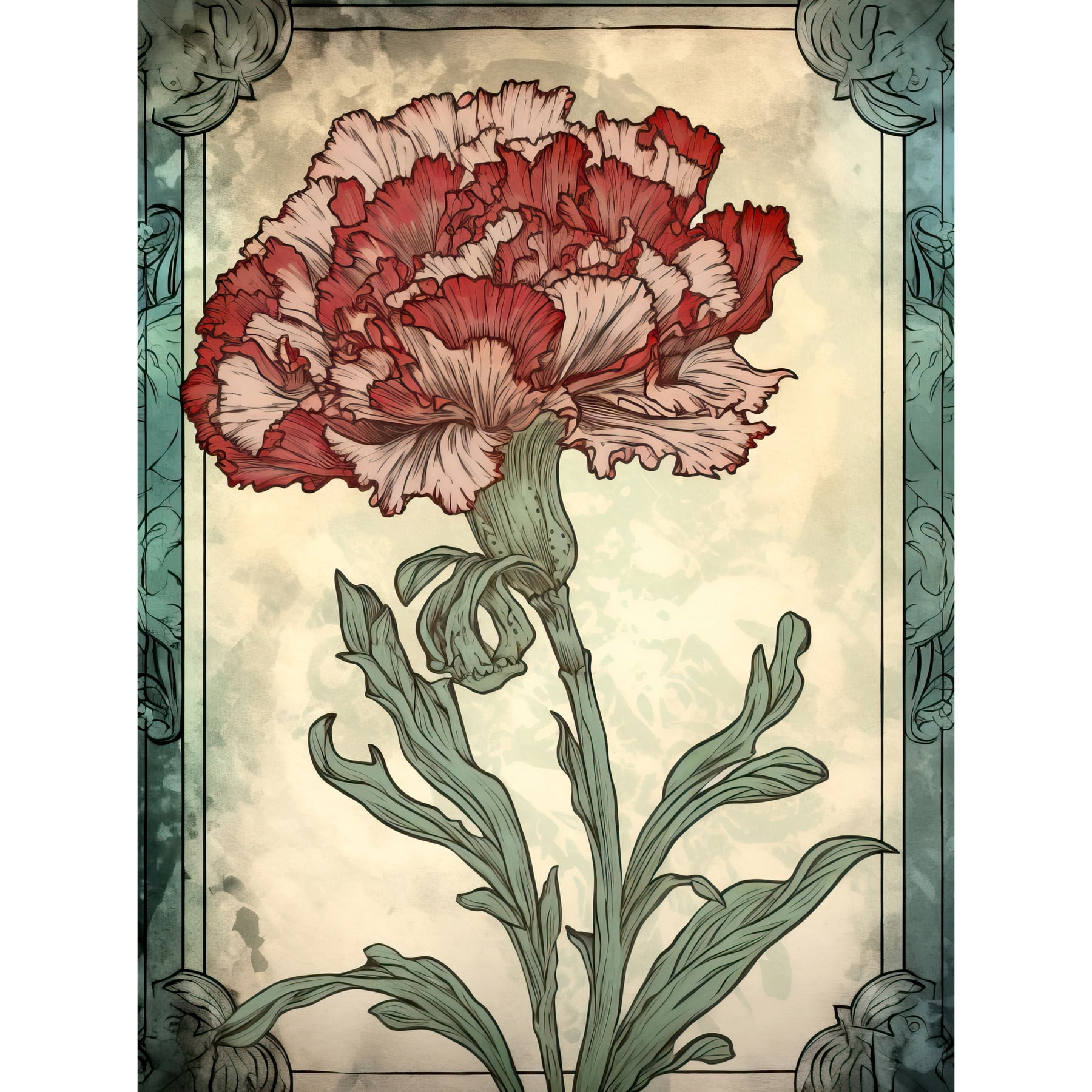 Red Carnation Flower Bloom Watercolour Art Nouveau Unframed Wall Art ...