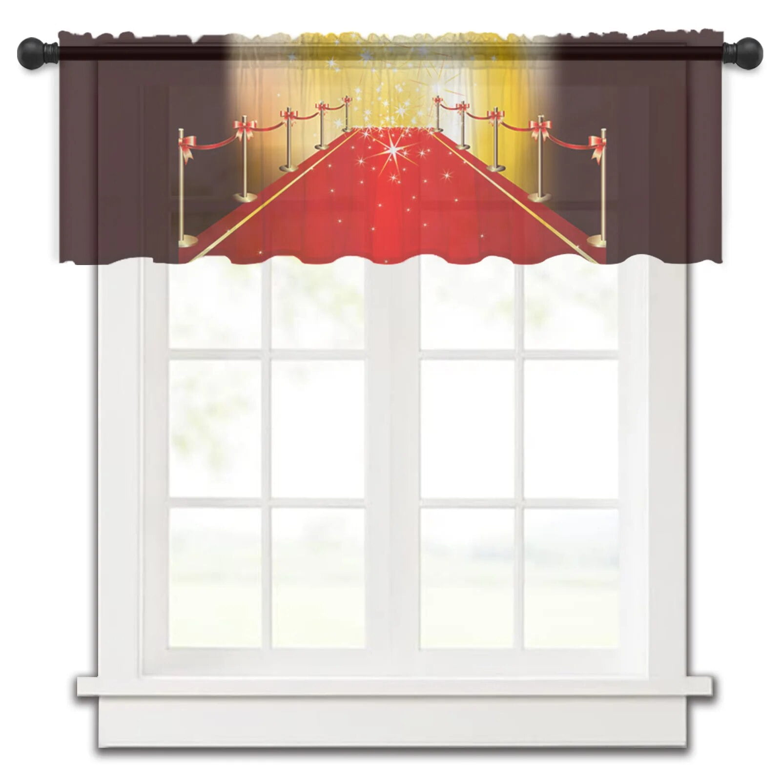 Red Carpet Red Bow Glitter Stars Black Small Window Curtain Sheer Short ...