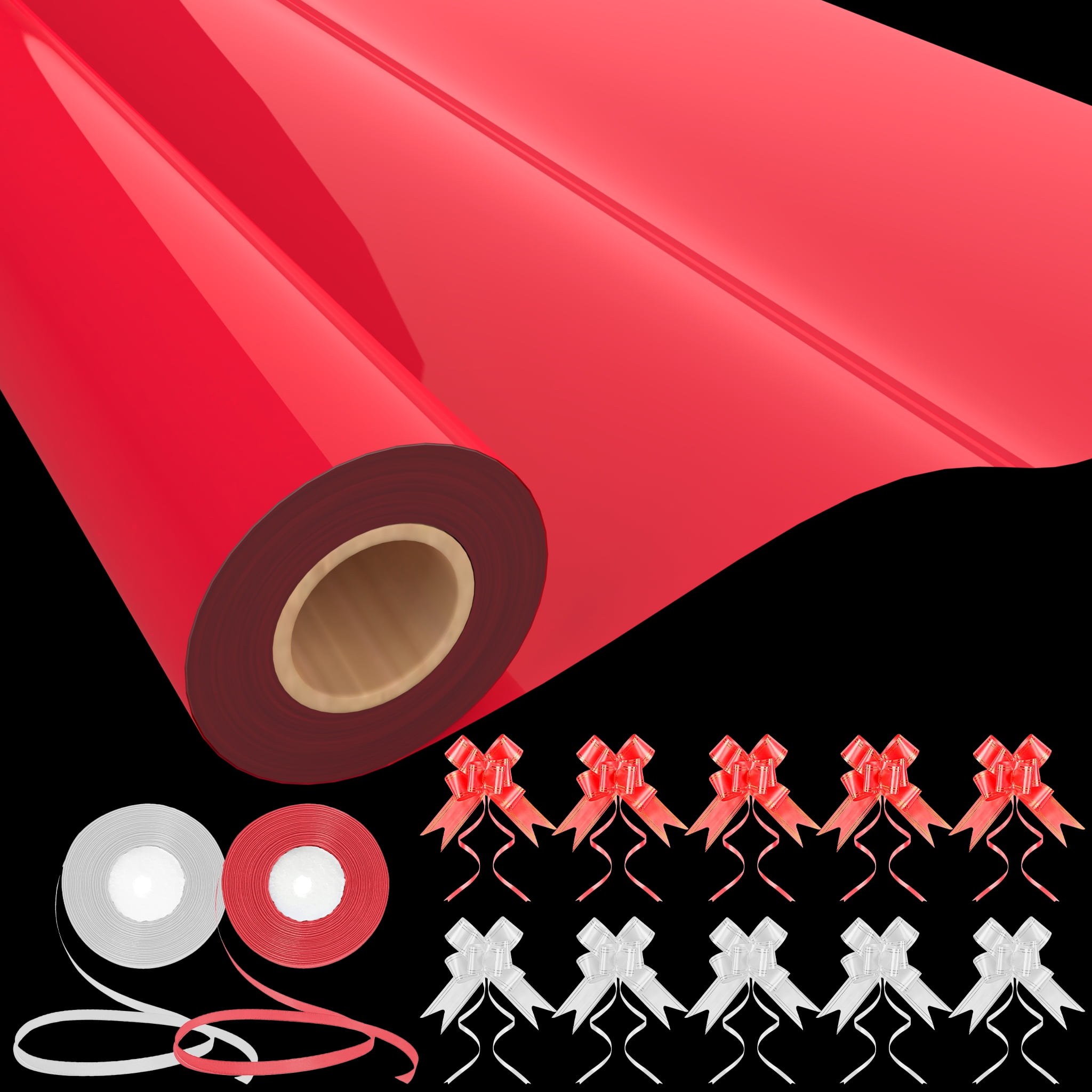 Red Cellophane Wrap (82 ft x 31.5" inch) with 10 Pull Bows and 2 ...
