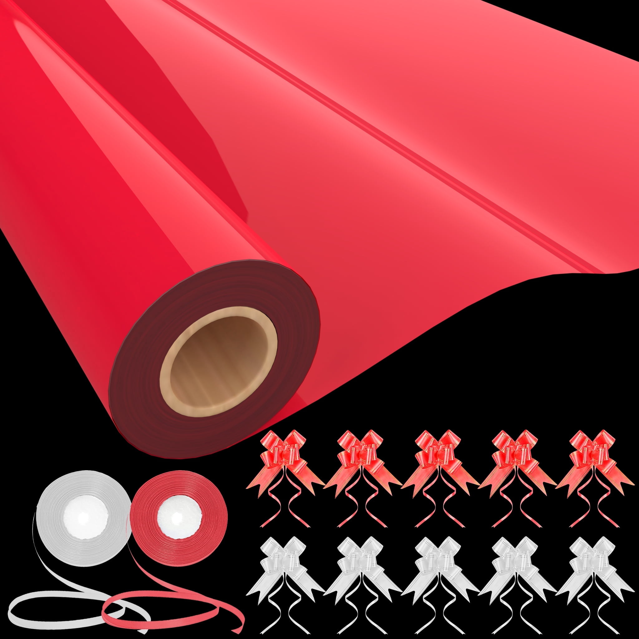 Red Cellophane Gift Wrap Roll (82 ft x 31.5 in) with 10 Pull Bows & 2 ...