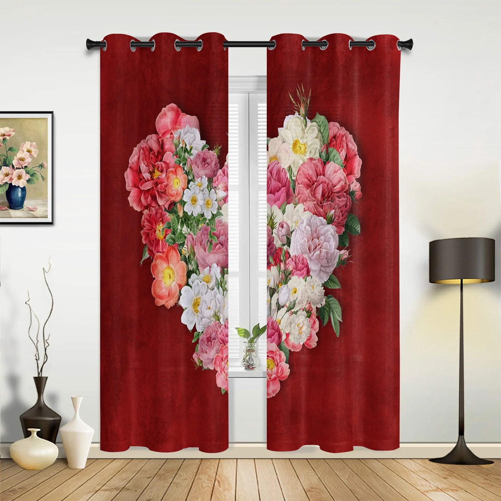Red Cement Love Flower Rose Window Curtains In The Living Room Kitchen ...