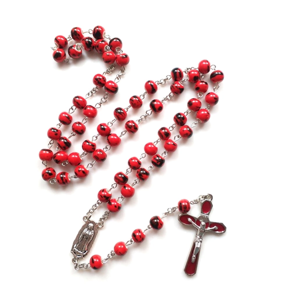 BQBQERT Red Ceramic Bead Rosary Necklaces Holy Catholic Jewelry Charm ...