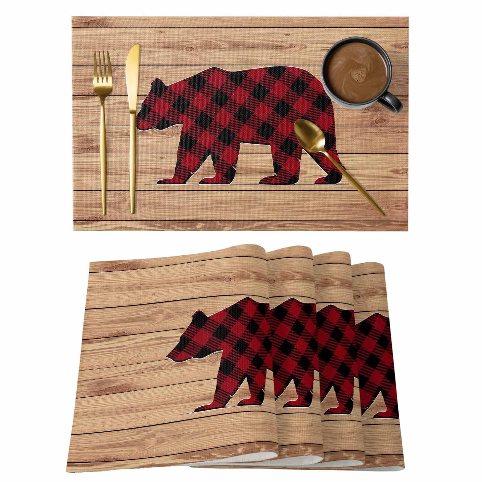 Red Check Bear Cotton Linen Placemats Set of 8, Abstract Animal ...