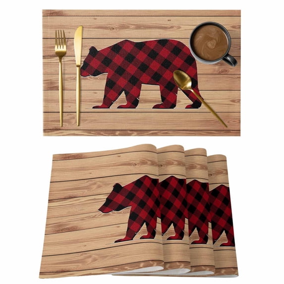 Red Check Bear Cotton Linen Placemats Set of 8, Abstract Animal ...