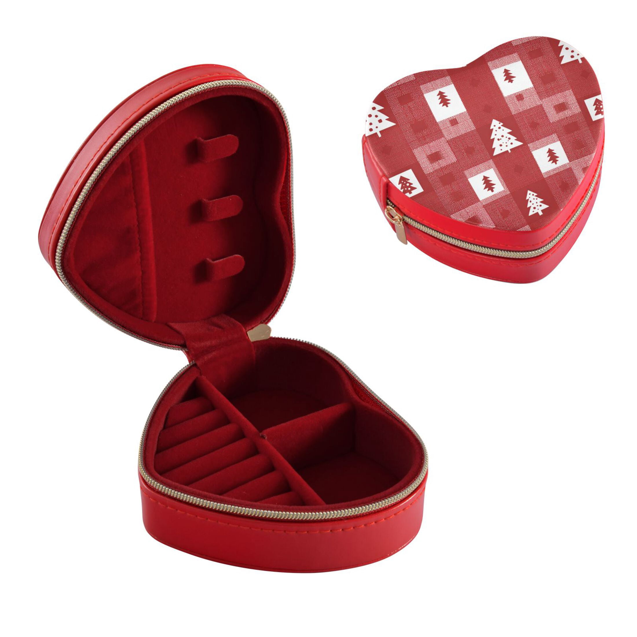 Red Checkerboard Christmas Trees Cute PU Leather Heart-shaped Jewelry ...