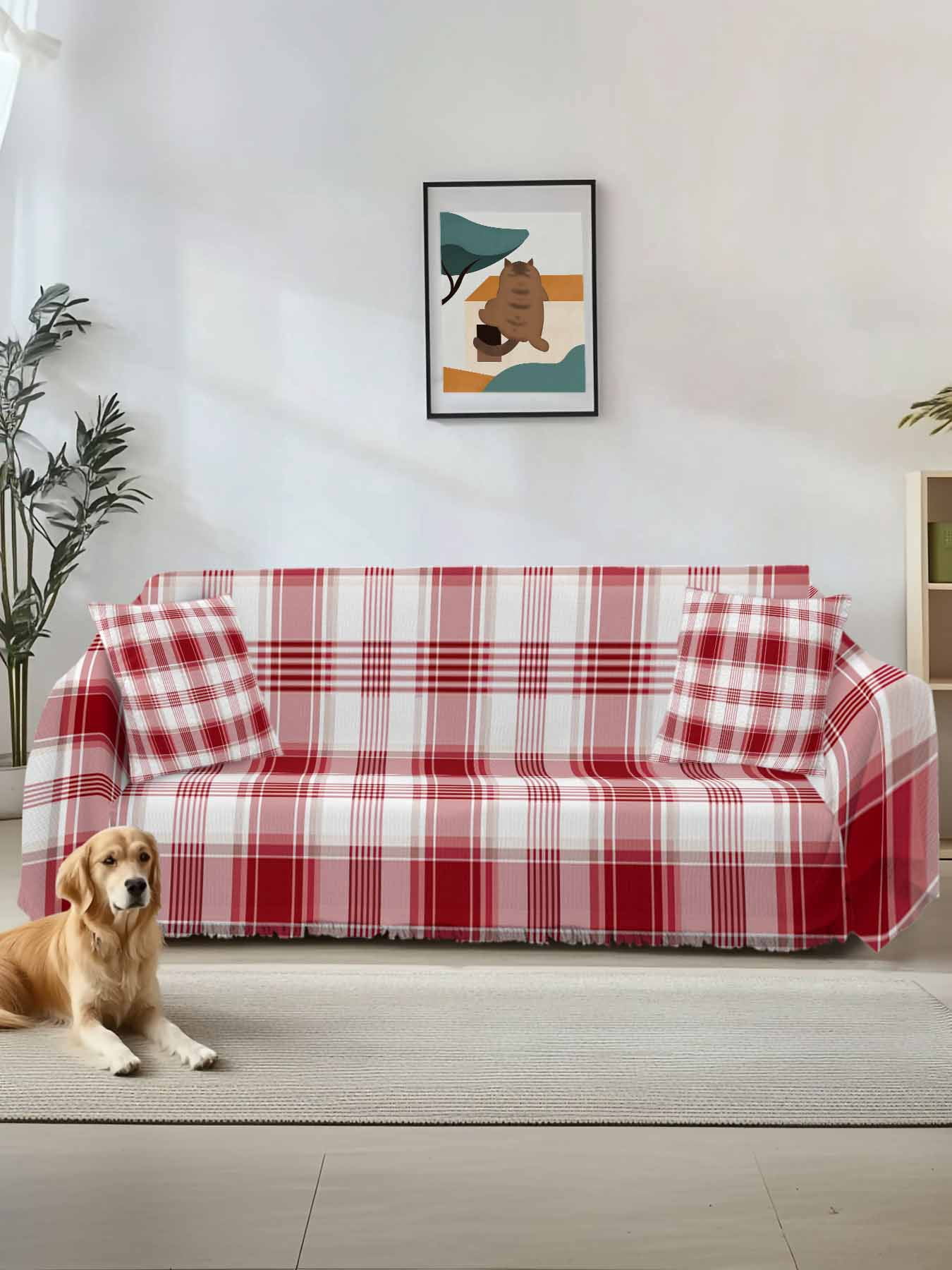 Red Checkered Couch Cover for 2 Cushion Sofa, Red White Plaid Farmhouse ...