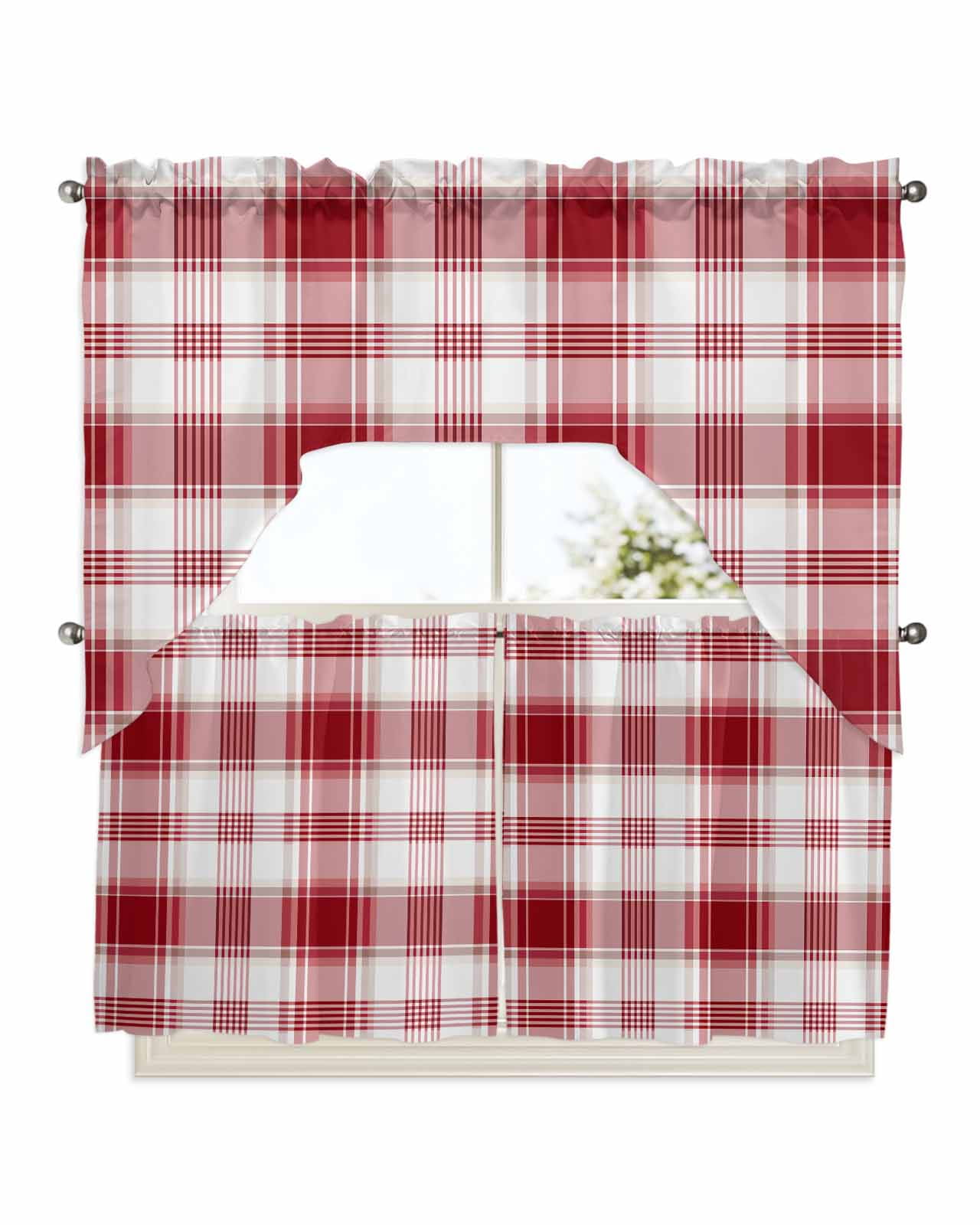 Red Checkered Kitchen Curtain and Valance Set 3 Pieces, Rod Pocket ...