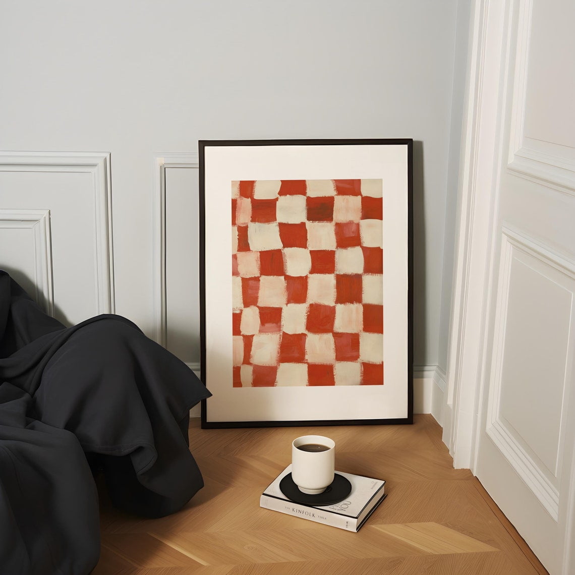 Red Checkered Print Minimalist Wall Art, Painting Print Retro Poster ...