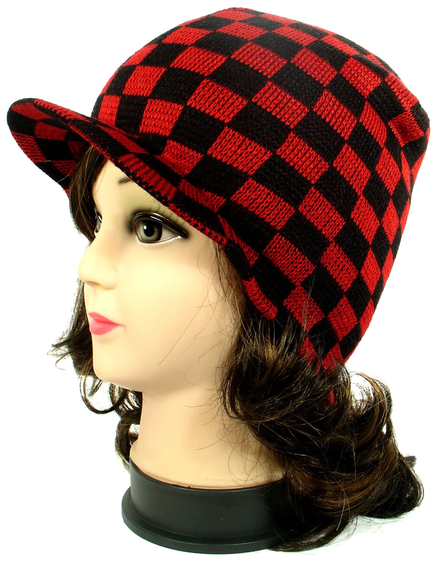 Red Checkers Warm Winter Knit Crochet Braided Baggy Visor Beanie Hat ...