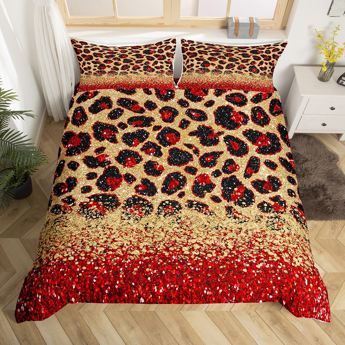 Red Cheetah Print Duvet Cover Set Gold Sequin Print Bedding Sets Full ...