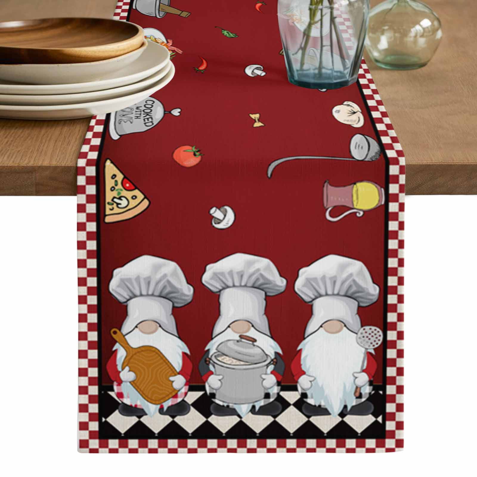 Red Chef Gnomes Table Runner, Farmhouse Red White Plaid Washable Cotton ...