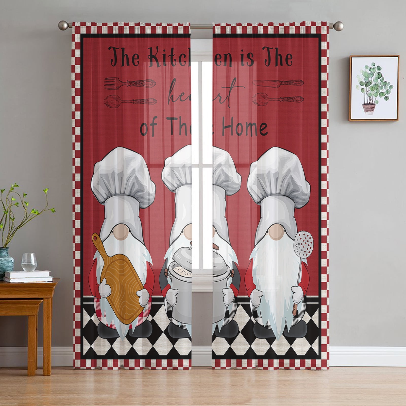 Red Chef Gourmet Sheer Curtains 63 Inches Length 2 Panels Set, Window ...