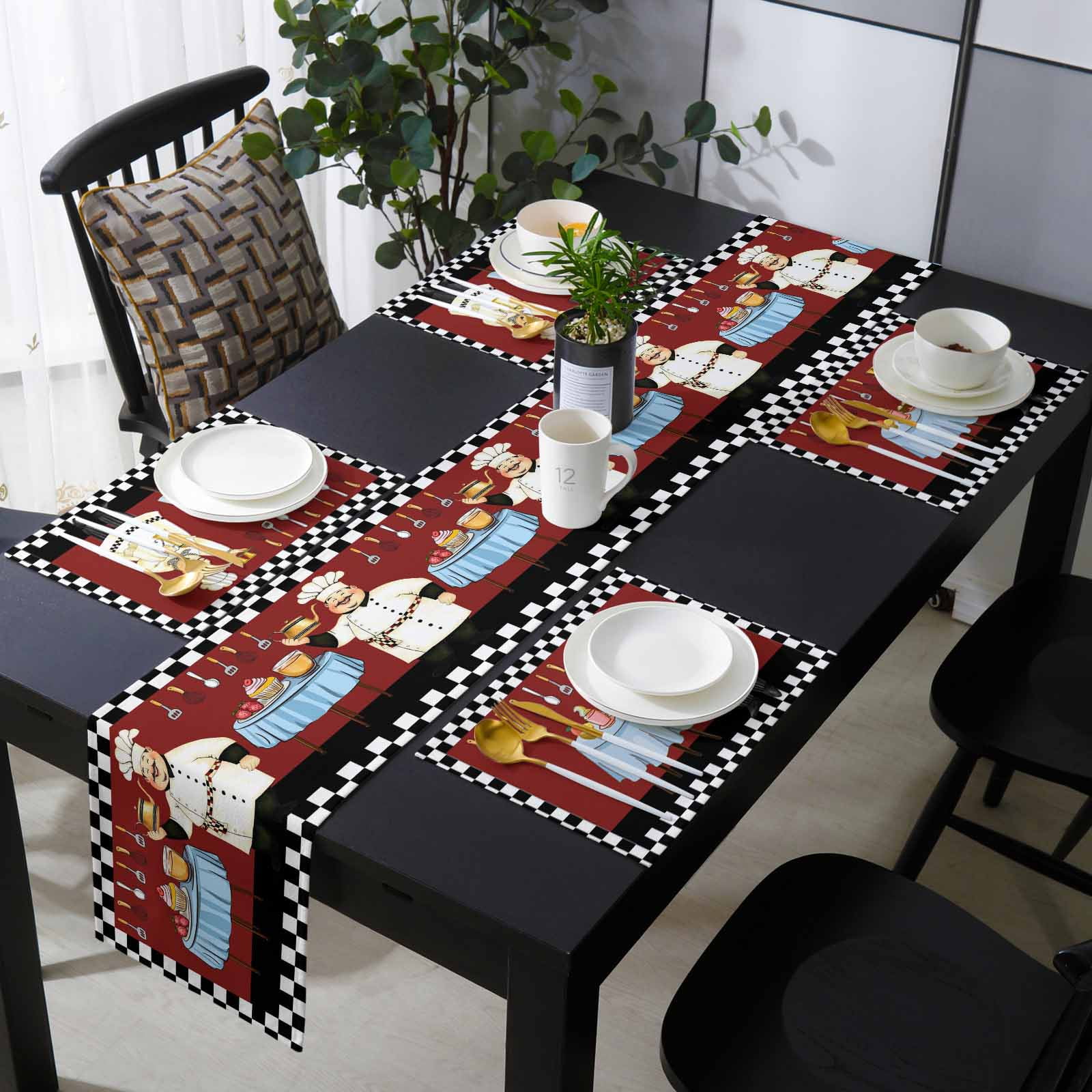 Red Chef Placemats Set of 6 with 70 Inches Long Table Runners, Black ...