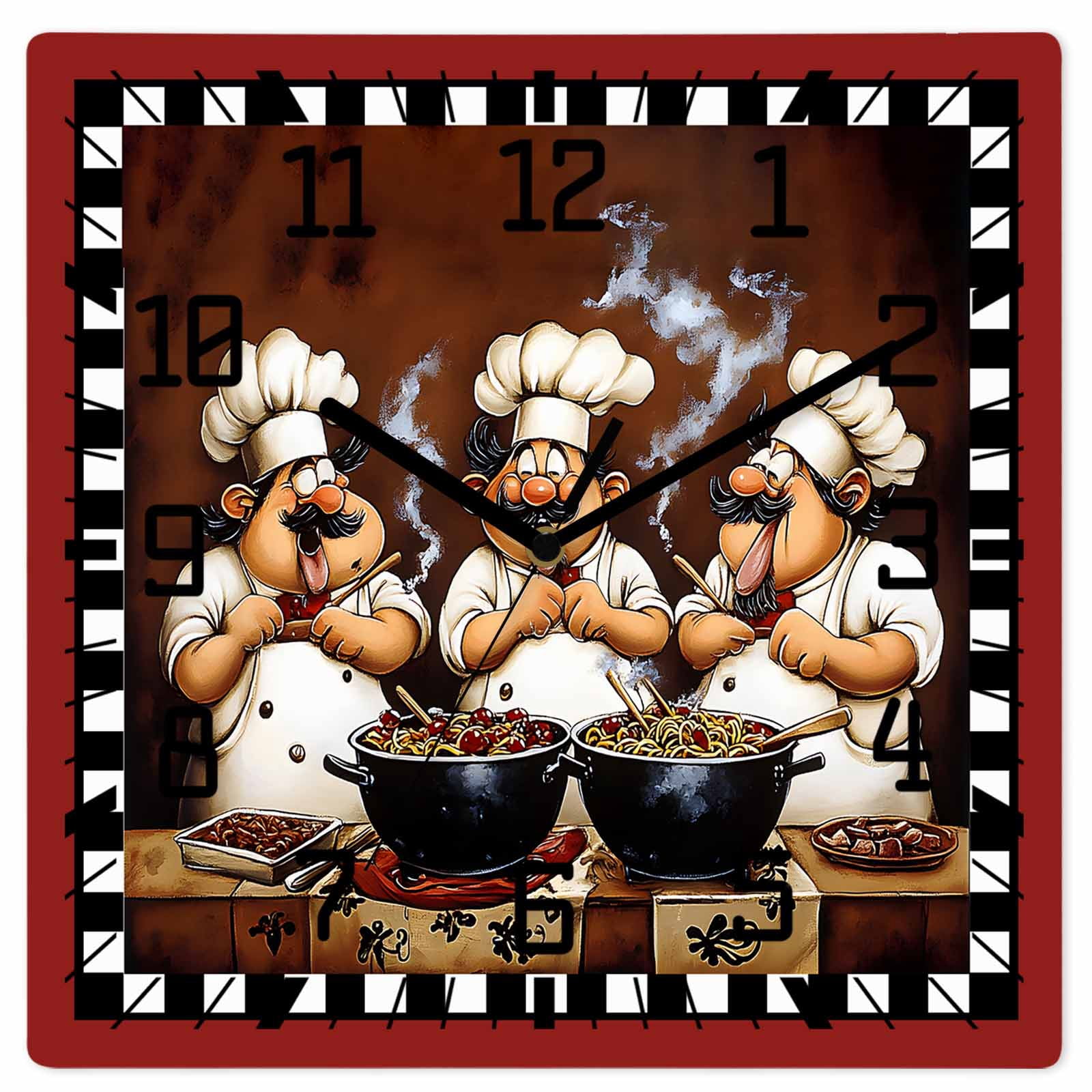 Red Chef Wooden Wall Clock Silent Non Ticking, Kitchen Gourmet Black ...