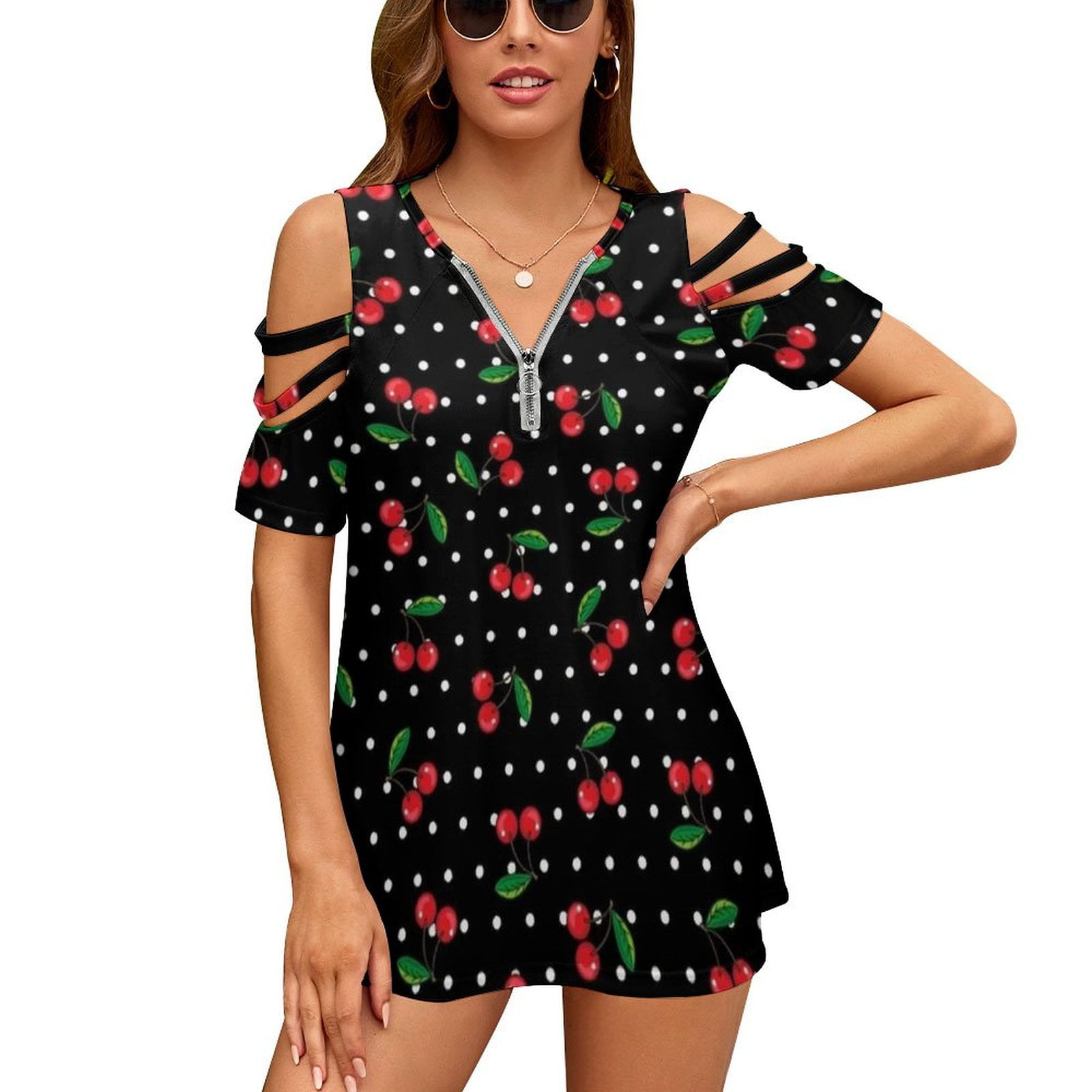 Red Cherries And Polka Dots Pattern Womens T Shirt New Fashion Printed