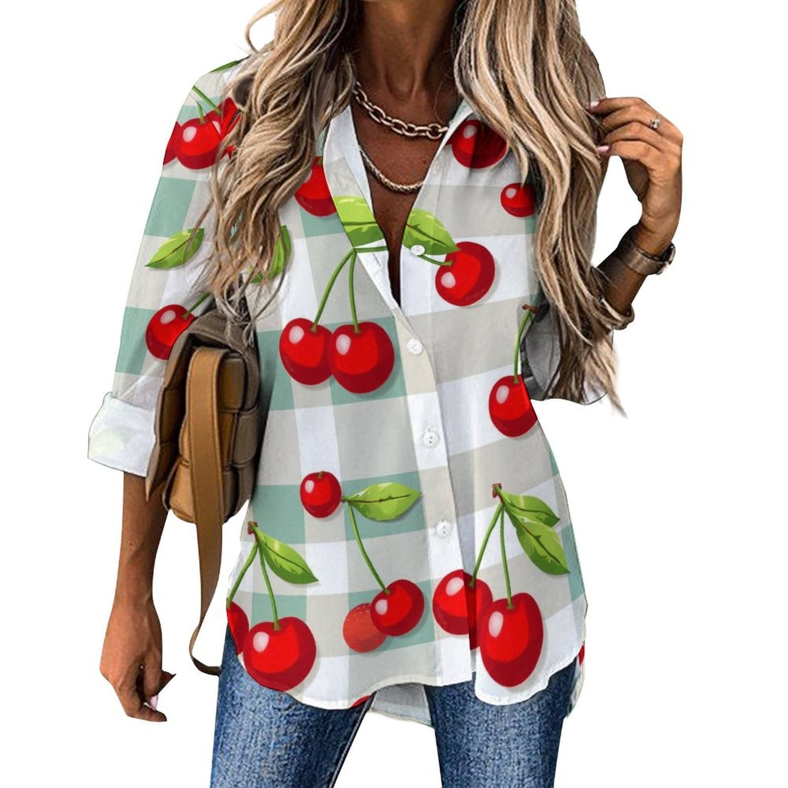 Red Cherries Gingham Background Loose Blouse Oversize Blouses Long ...