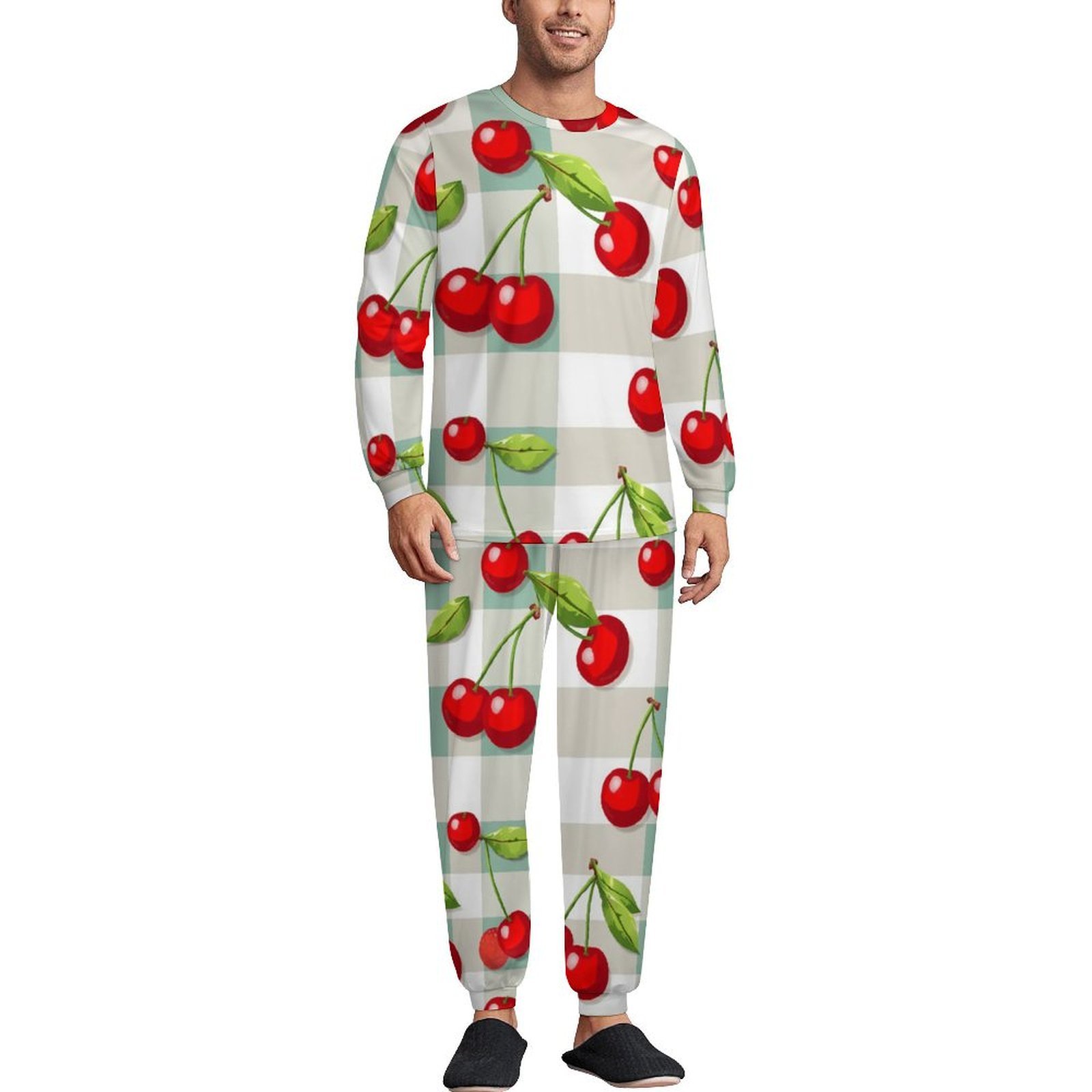 Red Cherries Gingham Background Pajamas Mens Warm Sleepwear Autumn Long ...