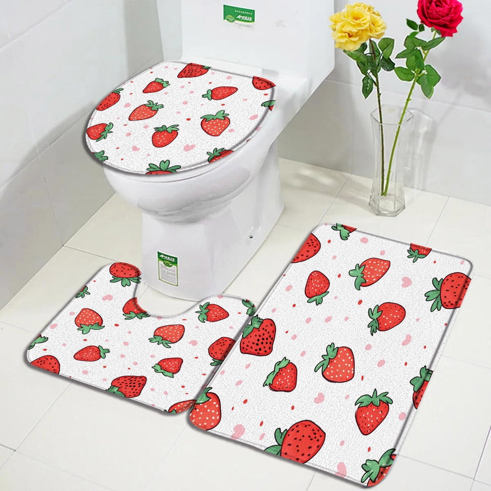 Red Cherry Bath Mat Set Green Leaves Strawberry Lemon Tropical Fruits ...