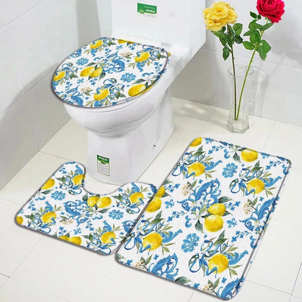 Red Cherry Bath Mat Set Green Leaves Strawberry Lemon Tropical Fruits ...