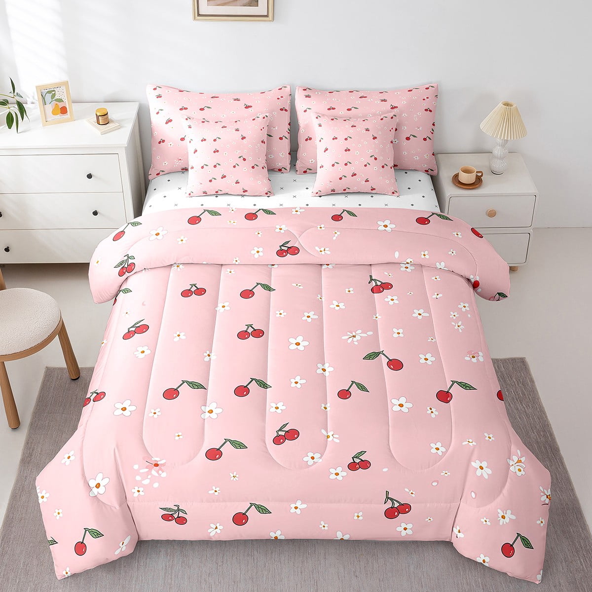 Red Cherry Bed in a Bag Queen Comforter Set 7 Piece,Pastel Pink Kawaii ...