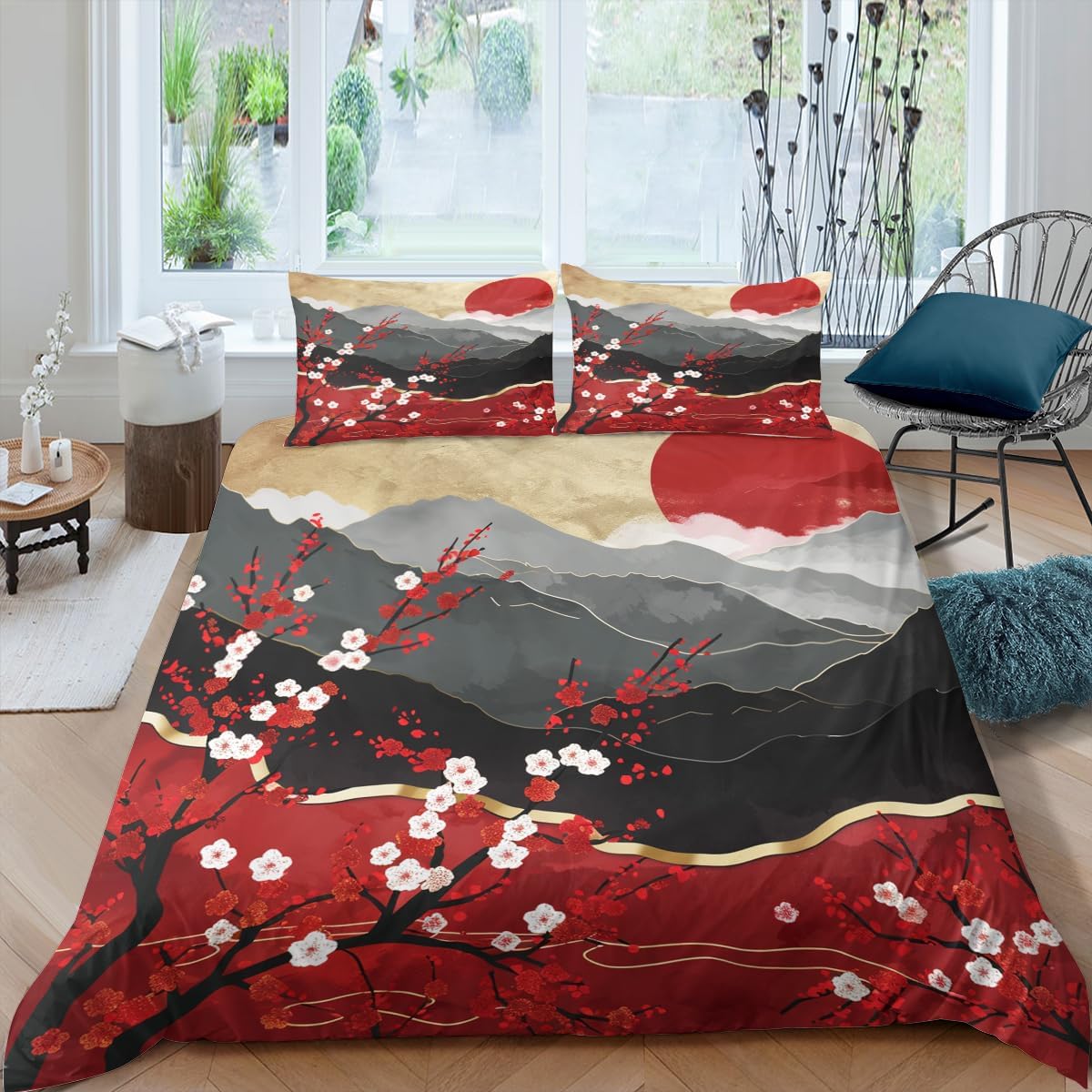 Red Cherry Blossom Bedding Sets Japanese Style Duvet Cover Red Sun ...